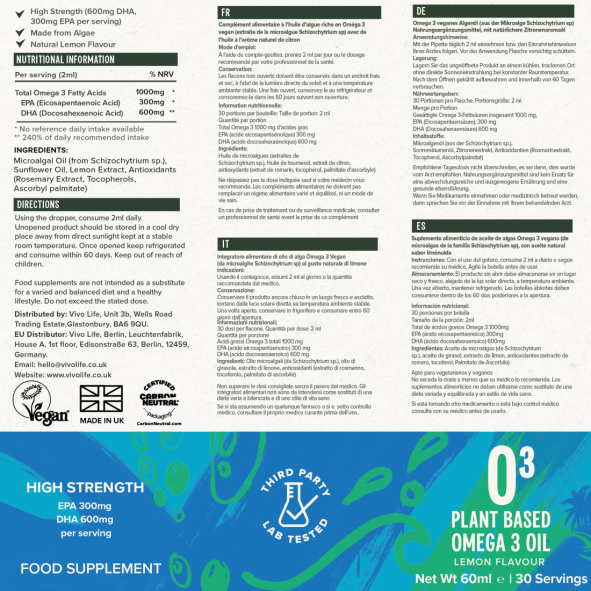 Vivo Life O3 Plant Based Omega 3 Oil Lemon Flavour 60ml - Vivo Life